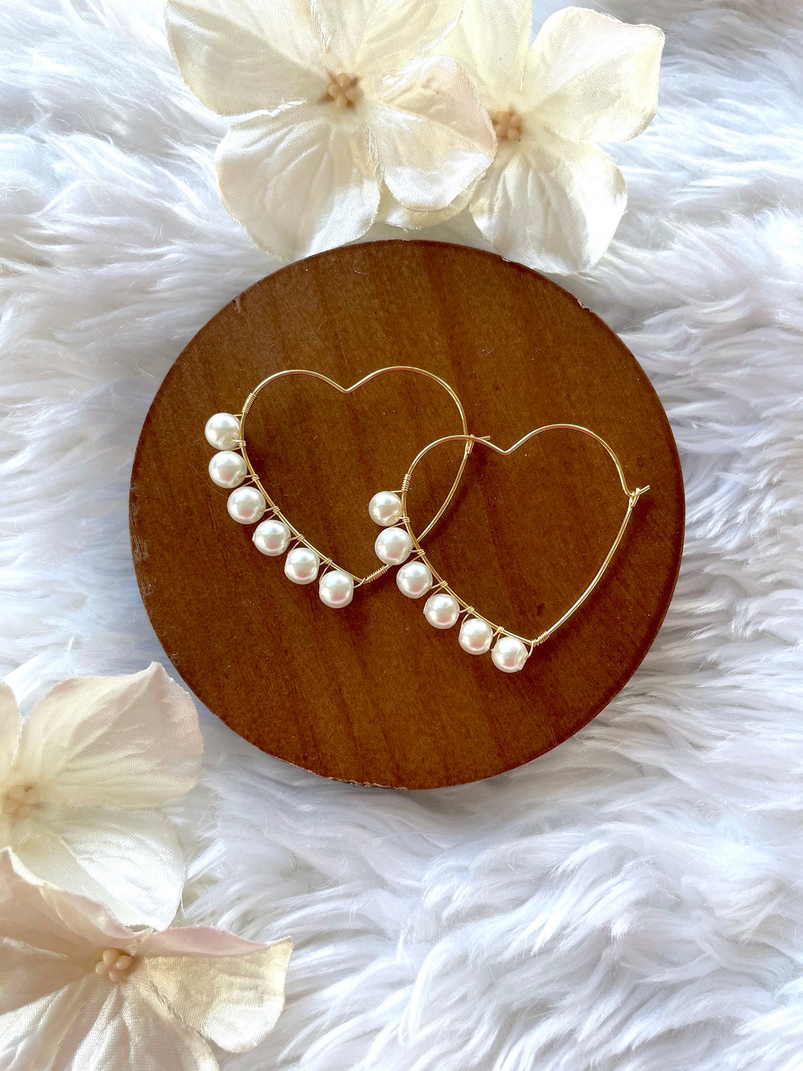 Heart Shaped Hoop Earrings Gold / Beaded Pearl Heart Earrings | Etsy