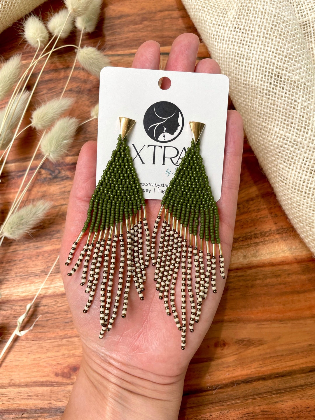 Southwest Beaded Triangle Fringe Earrings / Olive Green / Earth Tones ...