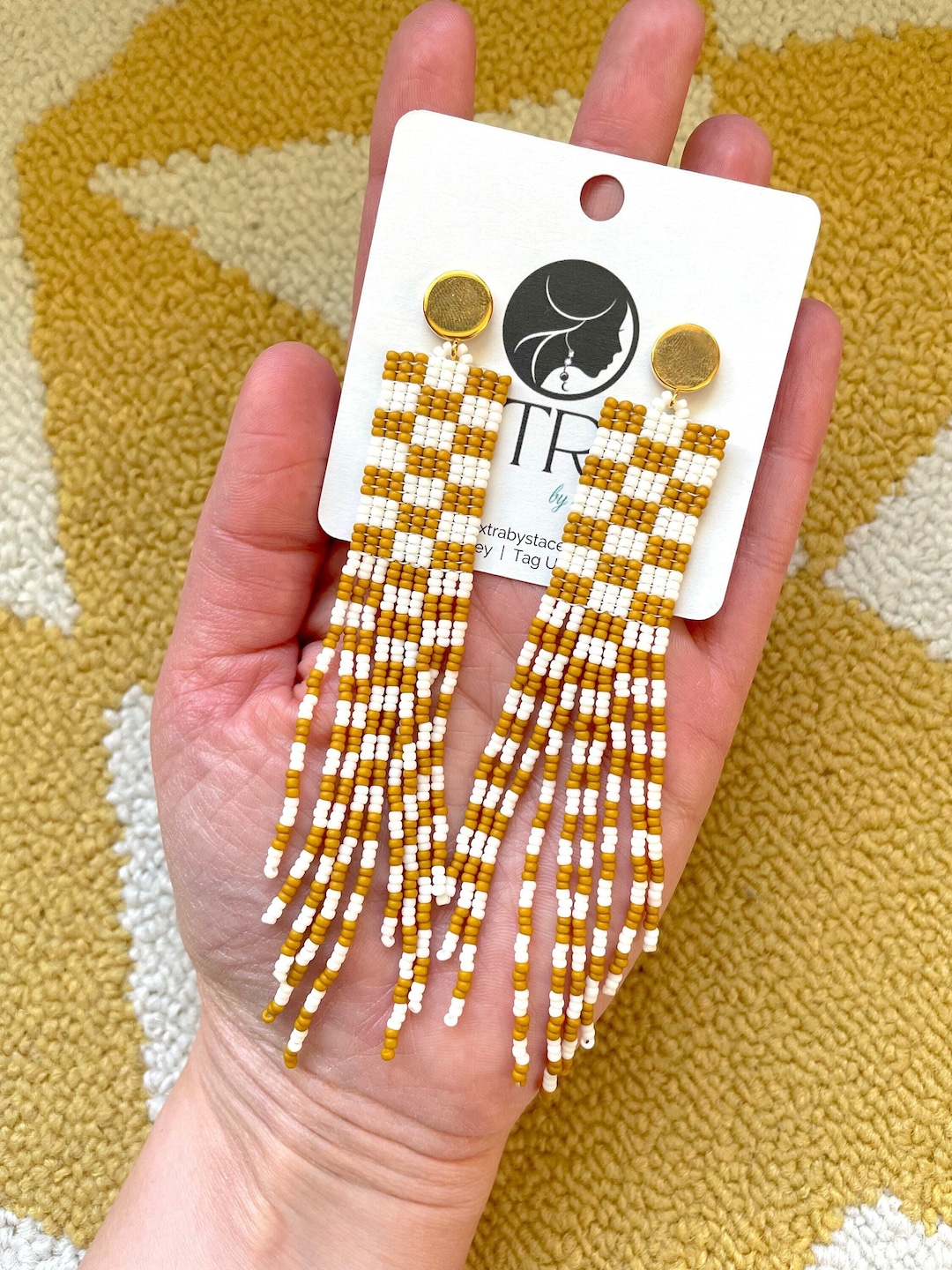 Long Checkerboard Beaded Fringe Earrings / Seed Bead Earrings ...