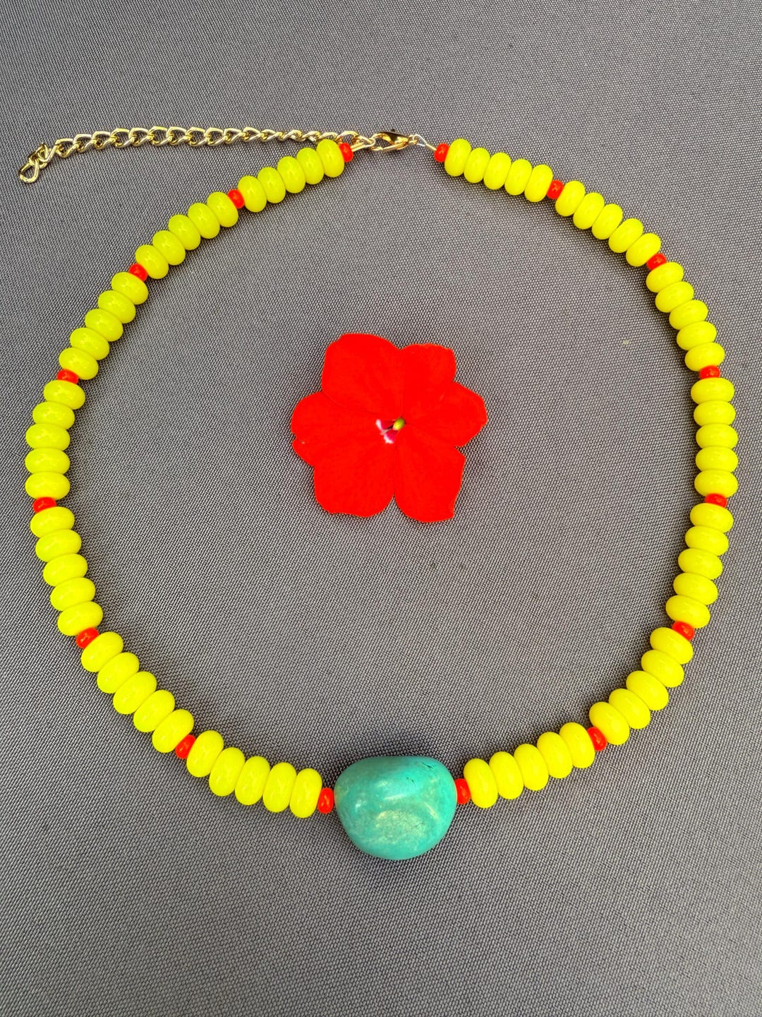 Neon Yellow Beaded Statement Necklace: Turquoise Magnesite, Gold Plated ...