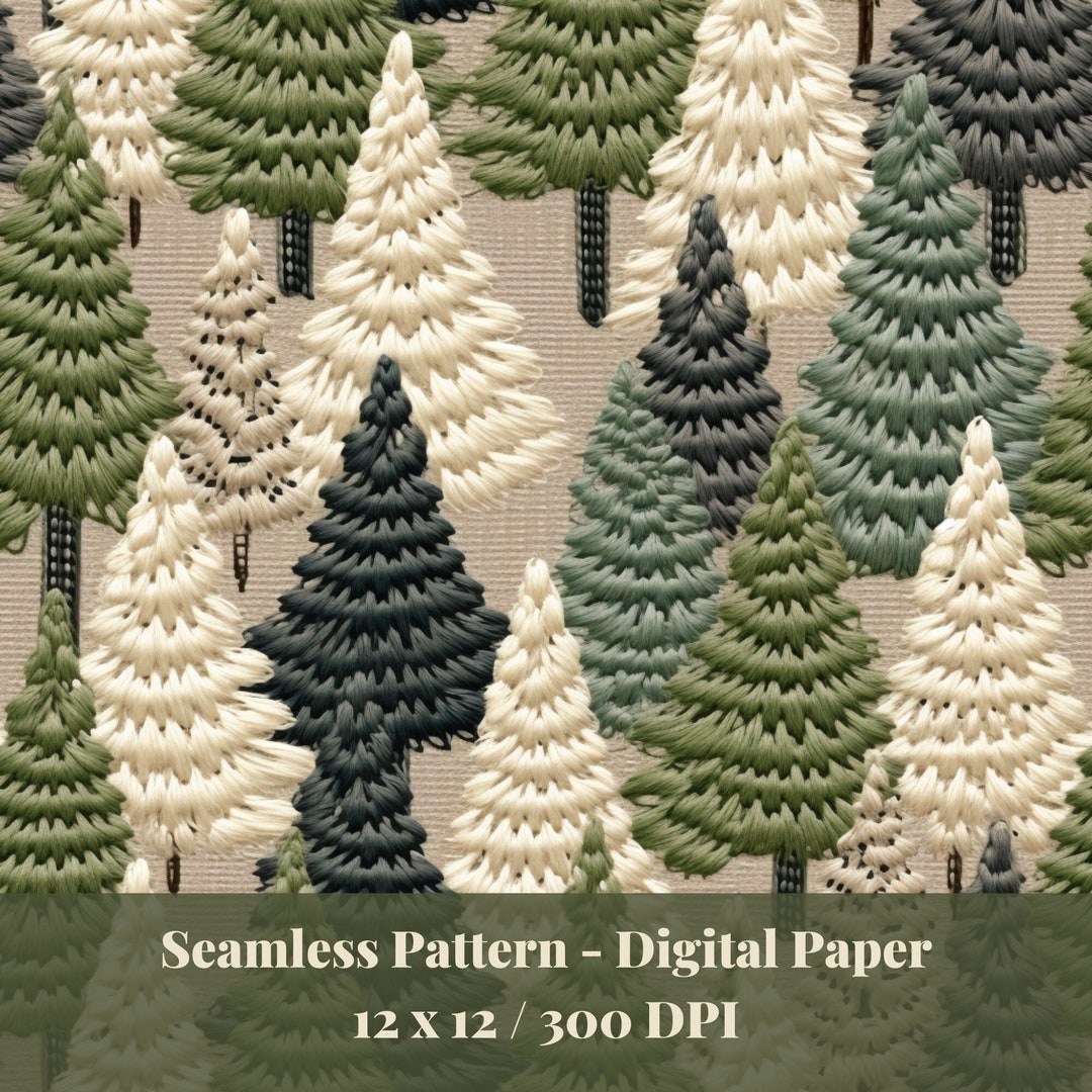 Embroidered Christmas Trees Digital Paper, Christmas Trees Seamless ...