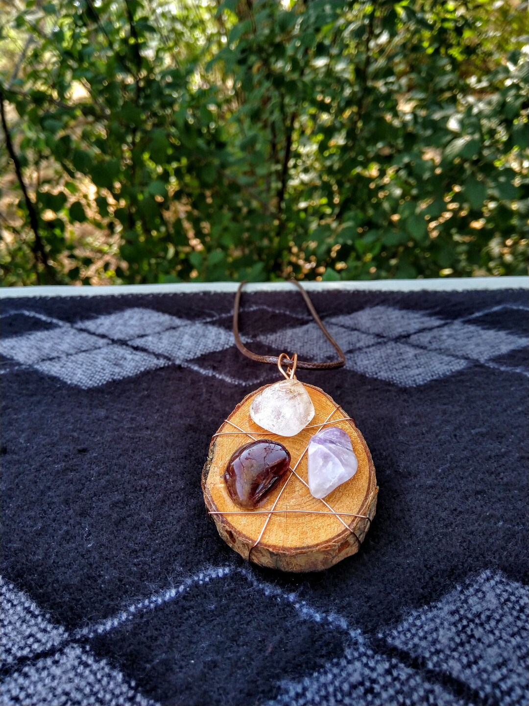 Triple Crystal Grid Nautral Wood Slice Pendant - Etsy
