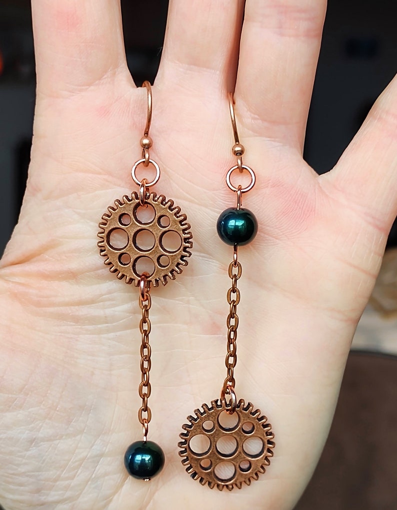 Mismatch Copper Gears and Chains Earrings With Green/blue Bead Accent ...