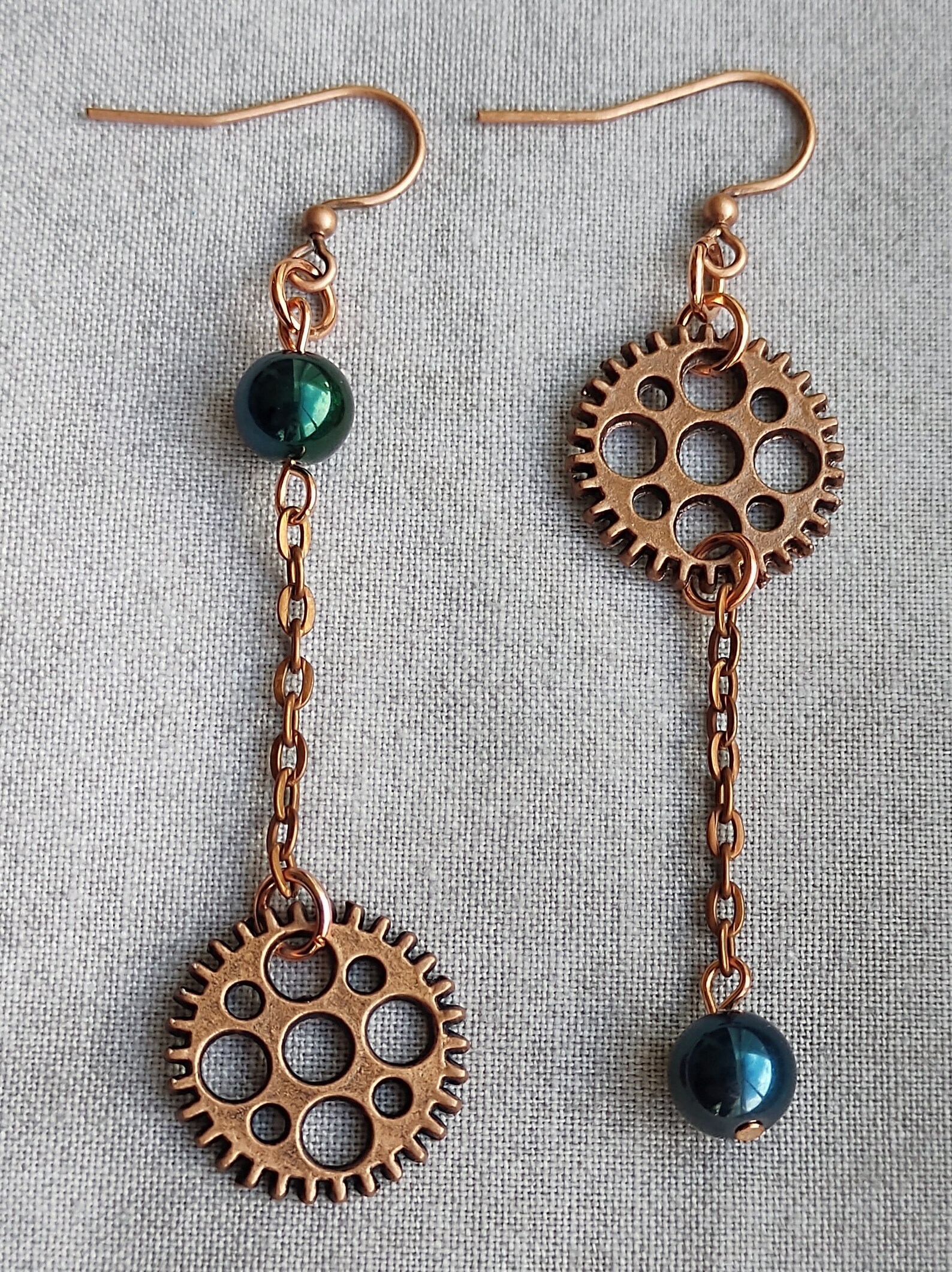 Mismatch Copper Gears and Chains Earrings With Green/blue Bead Accent ...