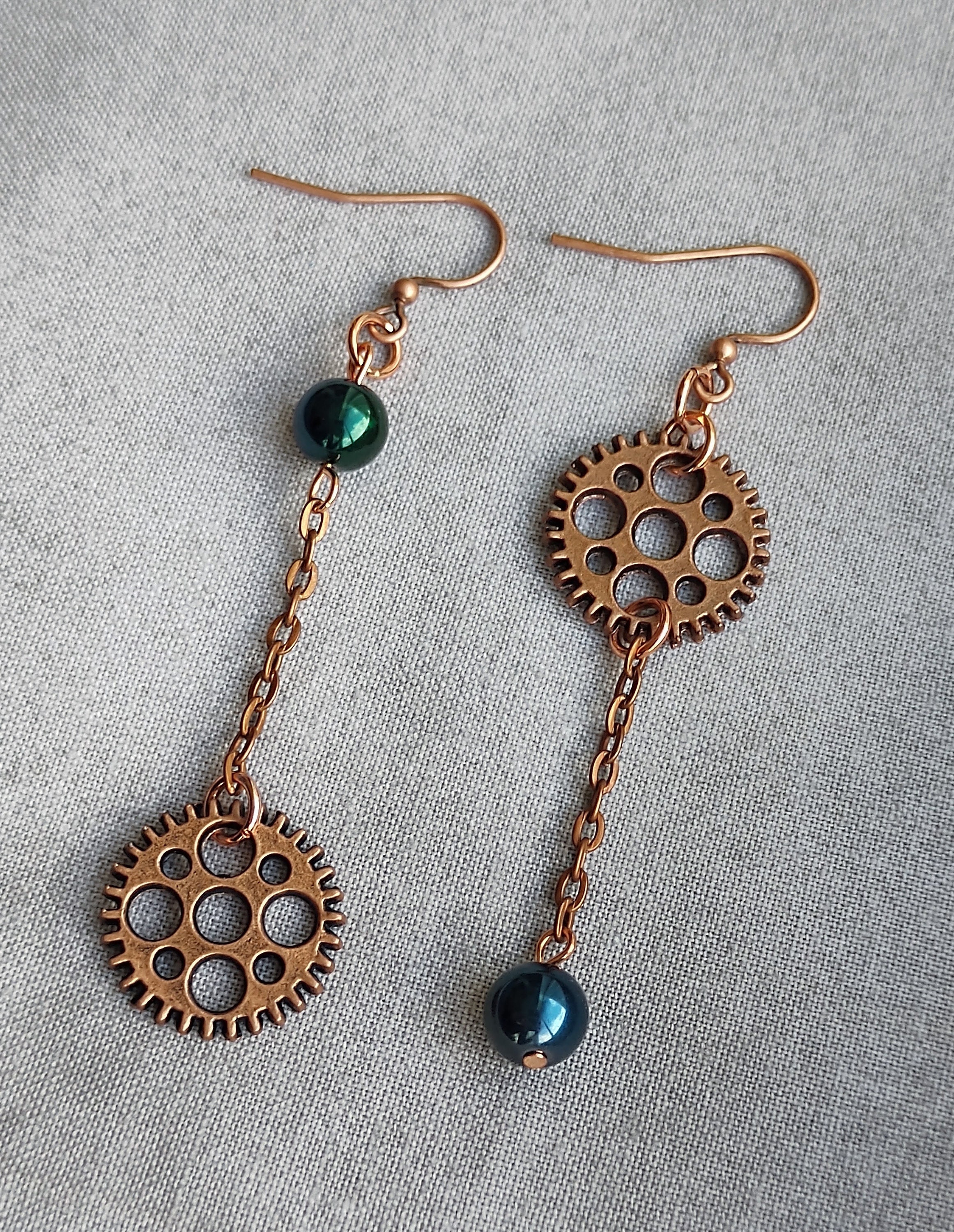 Mismatch Copper Gears and Chains Earrings With Green/blue Bead Accent ...