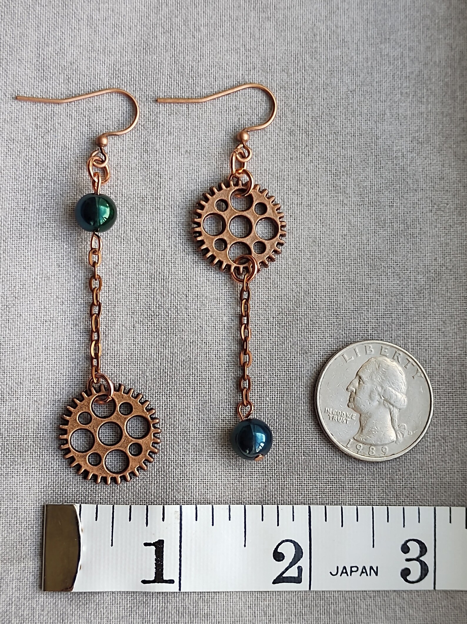 Mismatch Copper Gears and Chains Earrings With Green/blue Bead Accent ...