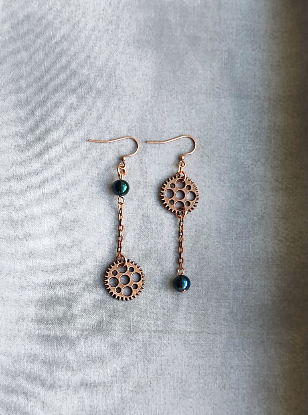 Mismatch Copper Gears and Chains Earrings With Green/blue Bead Accent ...
