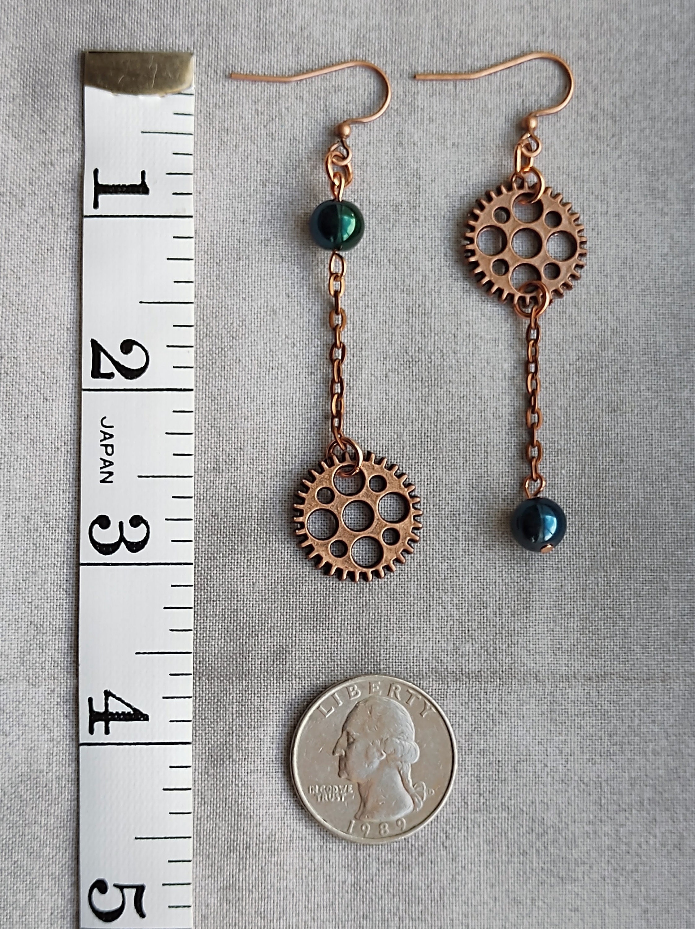 Mismatch Copper Gears and Chains Earrings With Green/blue Bead Accent ...