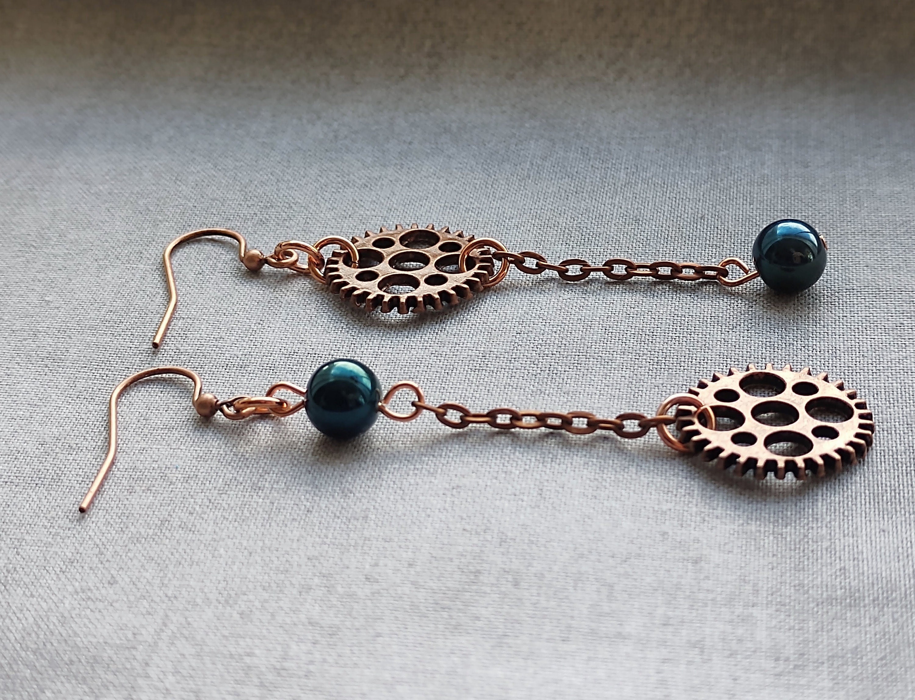 Mismatch Copper Gears and Chains Earrings With Green/blue Bead Accent ...