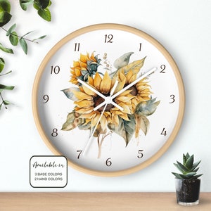 Sunflower Floral Wall Clock, 10" Summer Watercolor Bouquet Clock ...