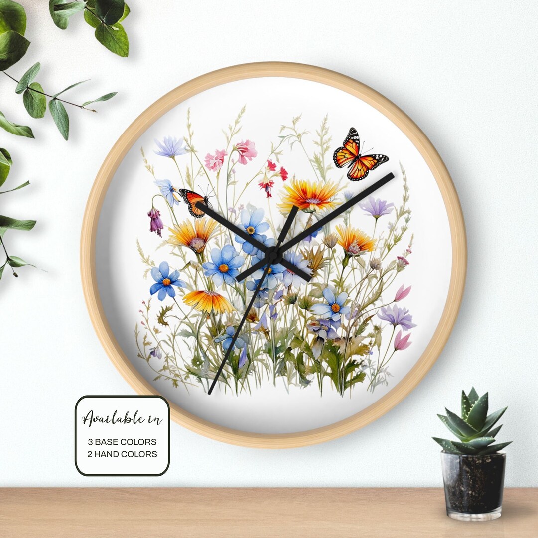 Wildflower Butterfly Wall Clock, Summer Floral Clock, 10" Watercolor ...