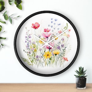 Wildflower Wall Clock, Spring Floral Wall Clock, 10" Watercolor Flower ...