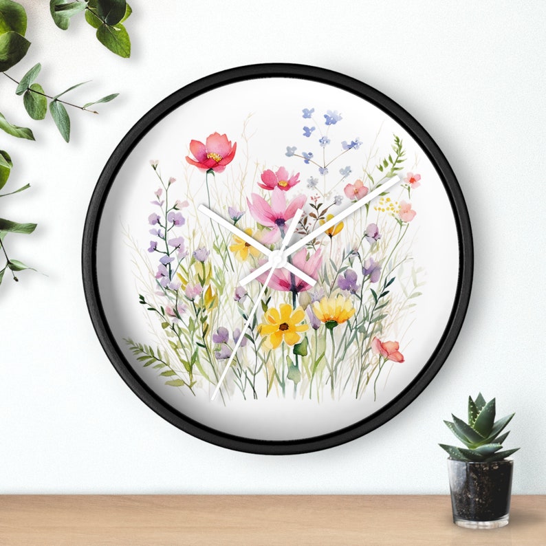 Wildflower Wall Clock, Spring Floral Wall Clock, 10" Watercolor Flower ...