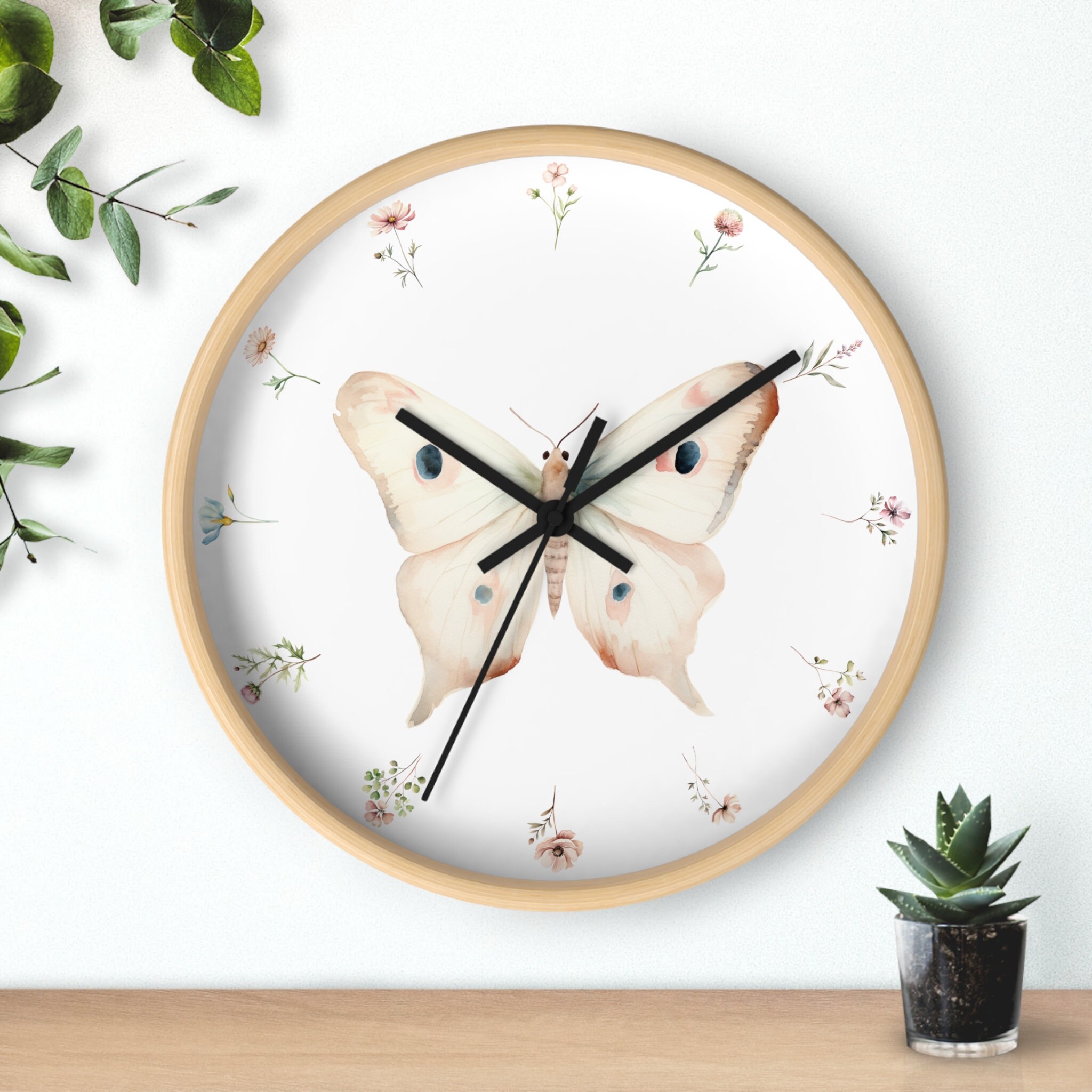 Butterfly Wall Clock, Spring Floral Wall Clock, 10" Watercolor Butterfly Clock, Botanical Clock ...