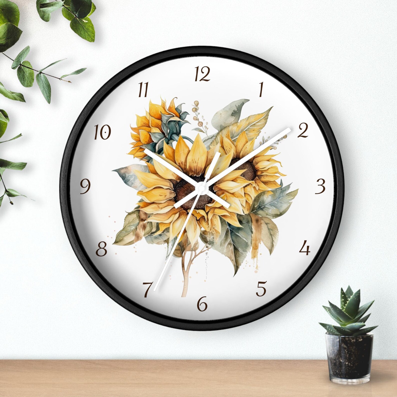 Sunflower Floral Wall Clock, 10 Summer Watercolor Bouquet Clock, Yellow ...