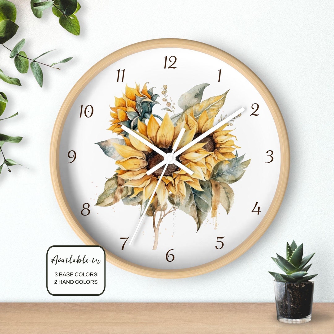 Sunflower Floral Wall Clock, 10" Summer Watercolor Bouquet Clock ...