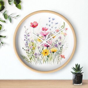 Wildflower Wall Clock, Spring Floral Wall Clock, 10" Watercolor Flower ...