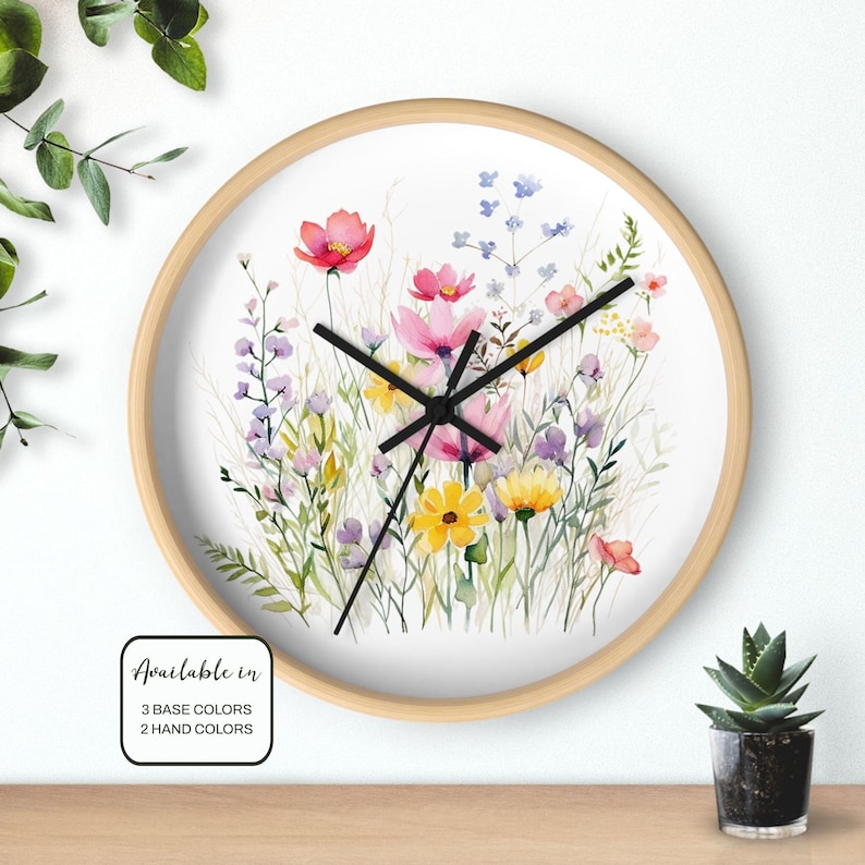 Wildflower Wall Clock, Spring Floral Wall Clock, 10" Watercolor Flower ...