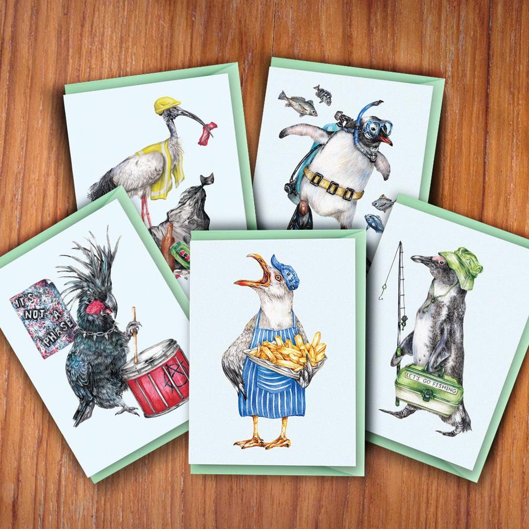 Funny Animals in Outfits Set of 5 Greeting Cards | Penguin, Seagull ...