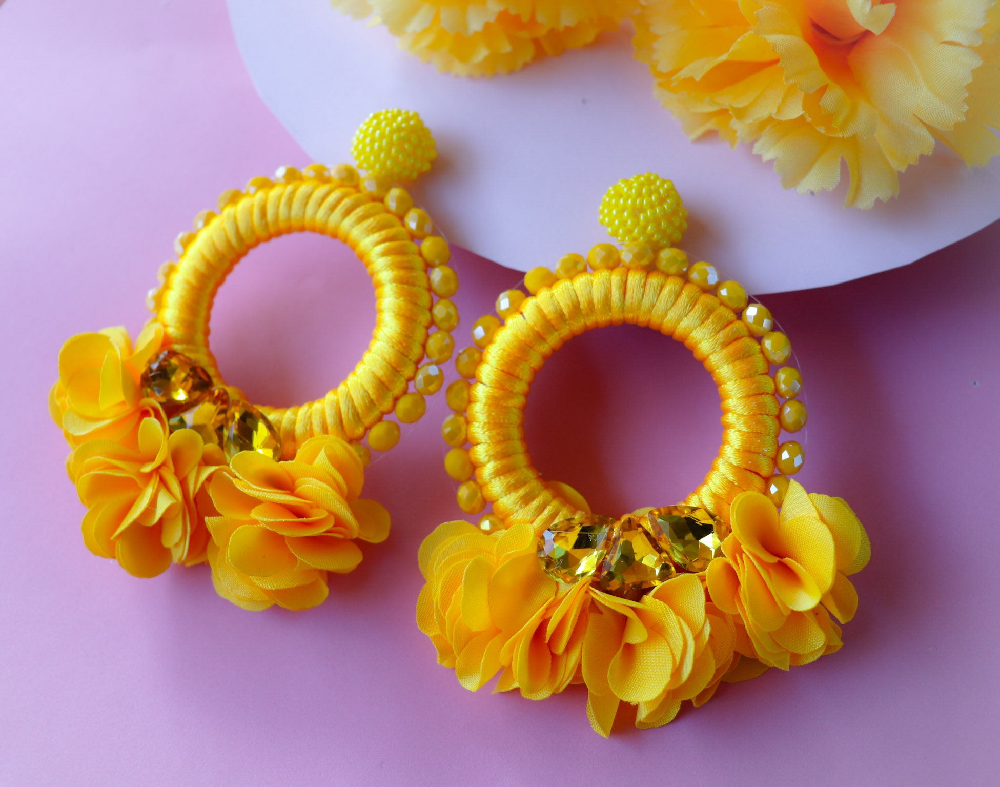 Floral Yellow Hoop Earrings Big Beaded Yellow Flowers Statement ...