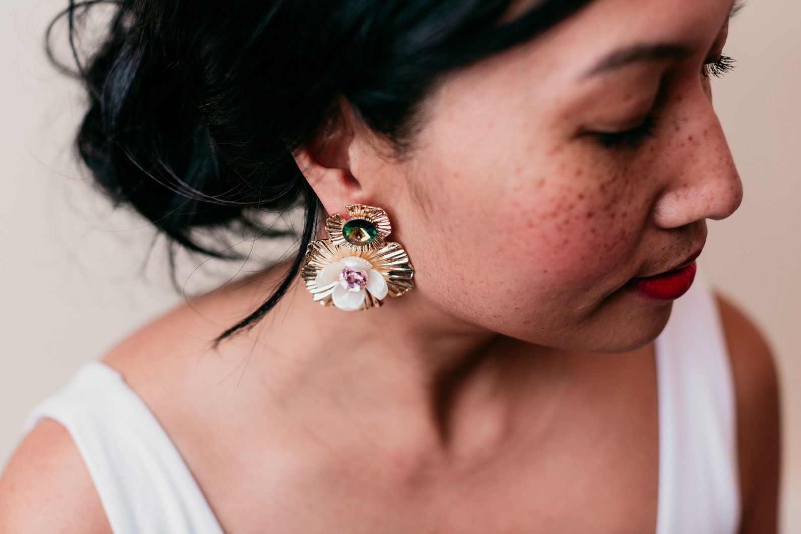 Gold Hammered Metal Flower Petal Earrings, Metallic Vintage Wavy Floral ...