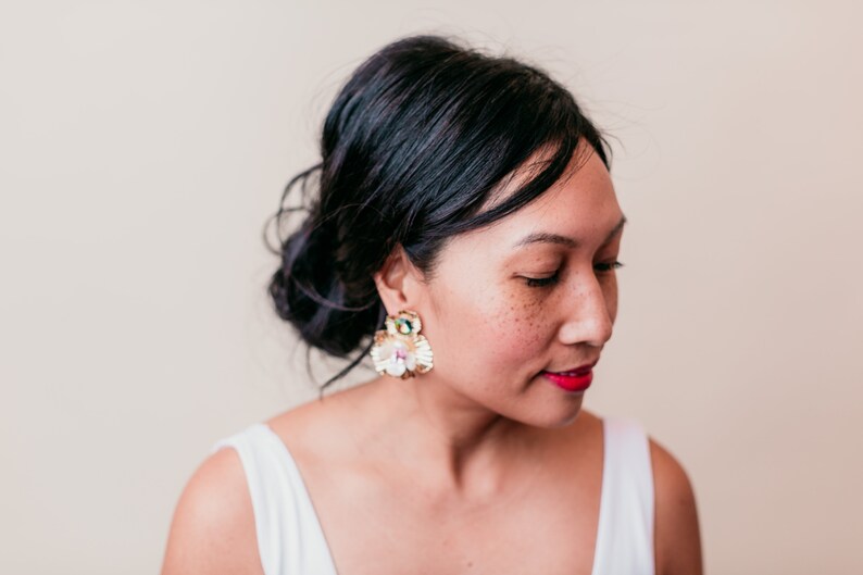 Gold Hammered Metal Flower Petal Earrings, Metallic Vintage Wavy Floral ...