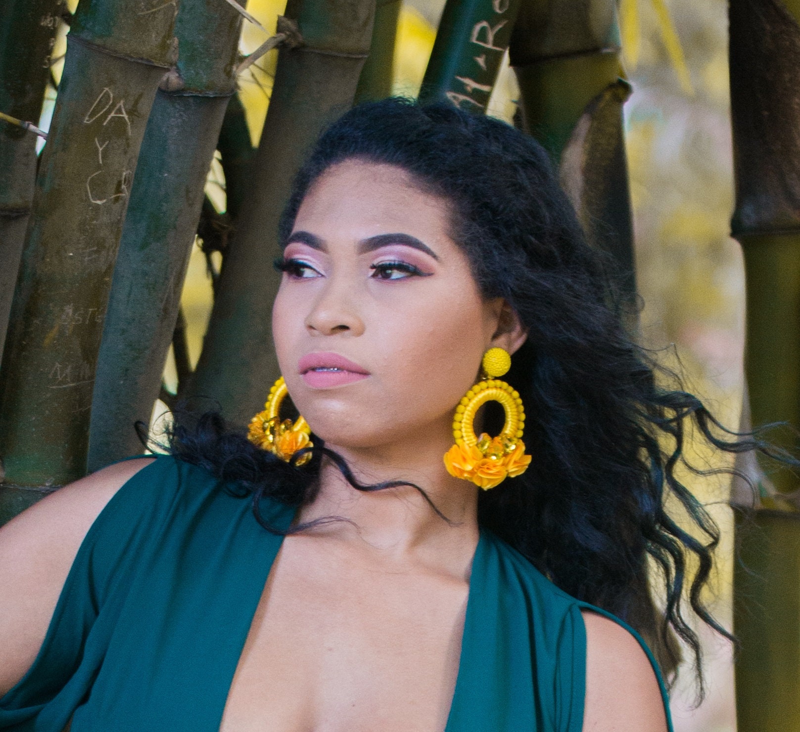 Floral Yellow Hoop Earrings Big Beaded Yellow Flowers Statement ...