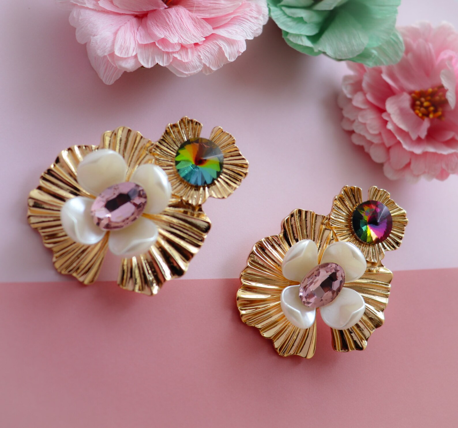 Gold Hammered Metal Flower Petal Earrings, Metallic Vintage Wavy Floral ...