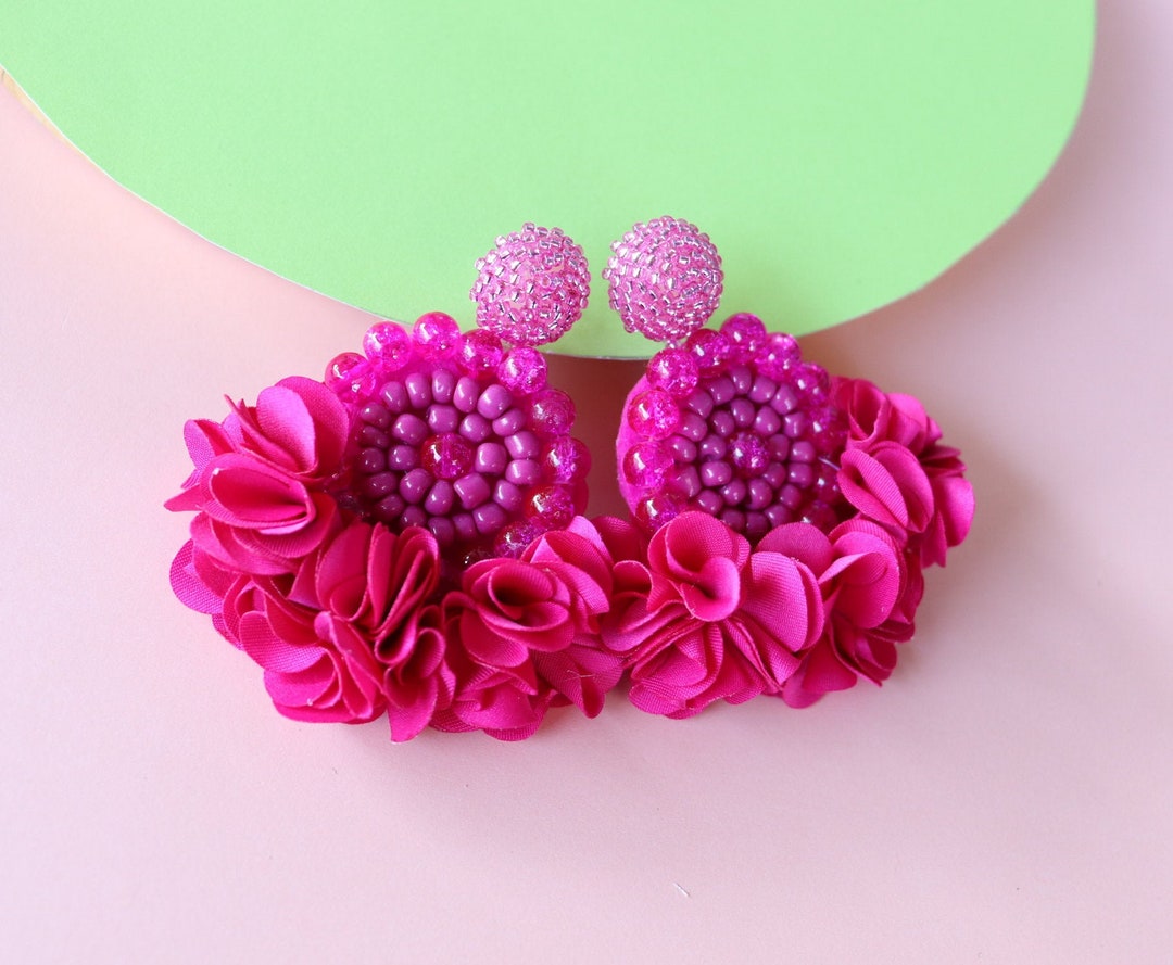Fuchsia Flower Beaded Earrings: Handmade Magenta Tassel Statement ...