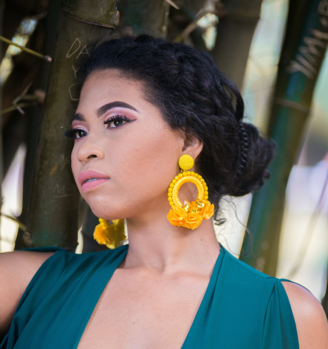 Floral Yellow Hoop Earrings Big Beaded Yellow Flowers Statement ...