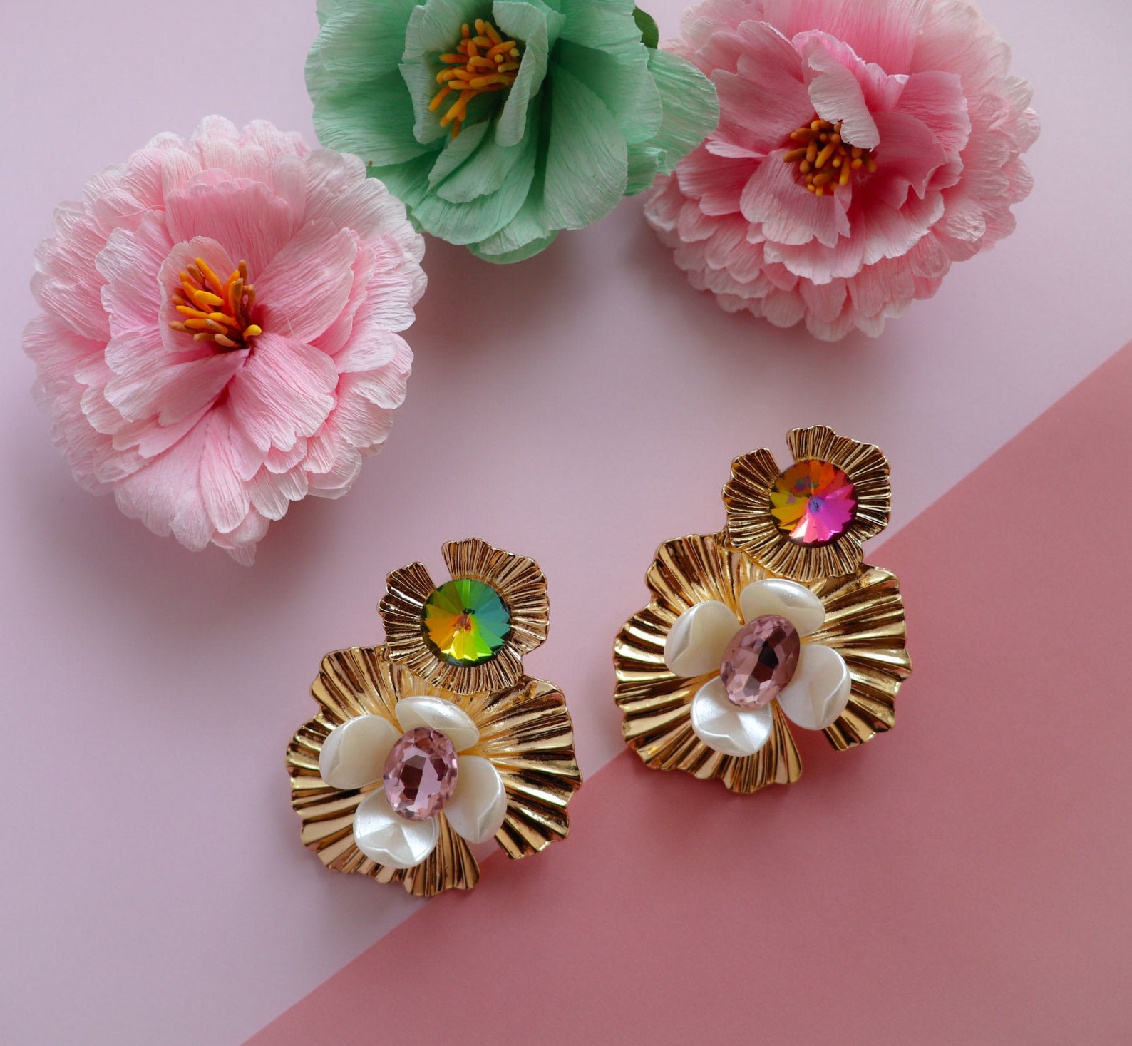 Gold Hammered Metal Flower Petal Earrings, Metallic Vintage Wavy Floral ...