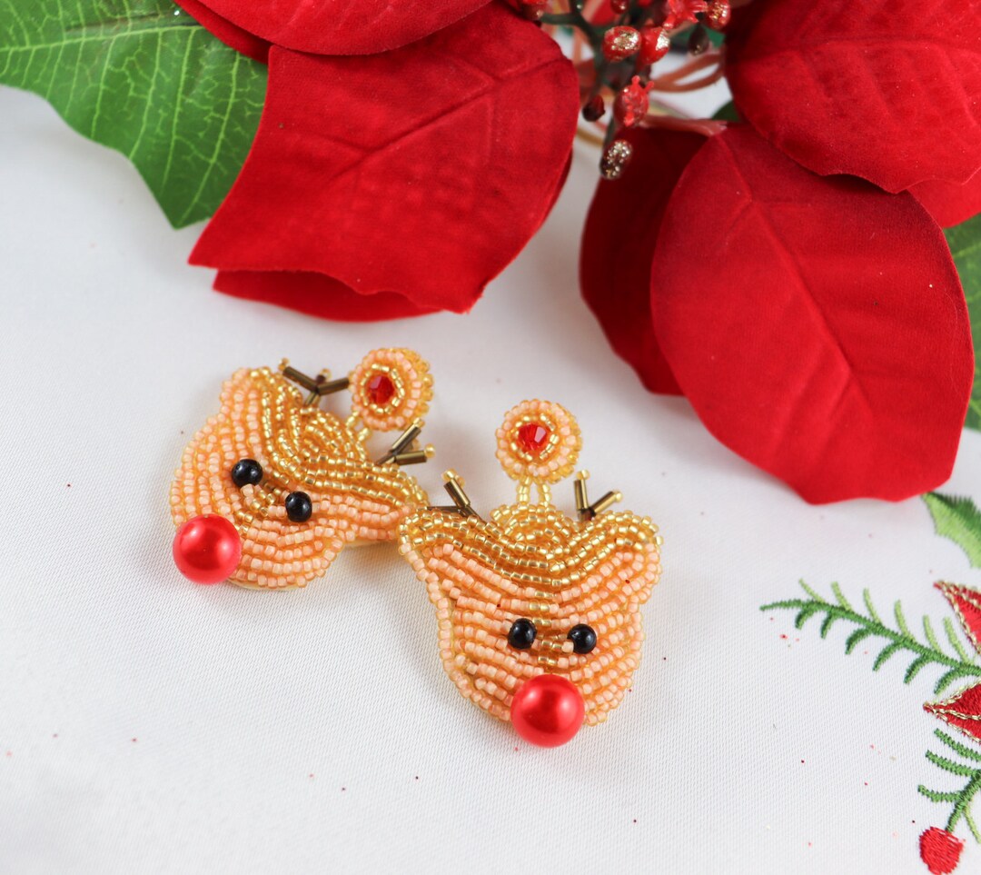 Beaded Rudolph Earrings: Red Nosed Reindeer, Christmas Holiday Jewelry ...