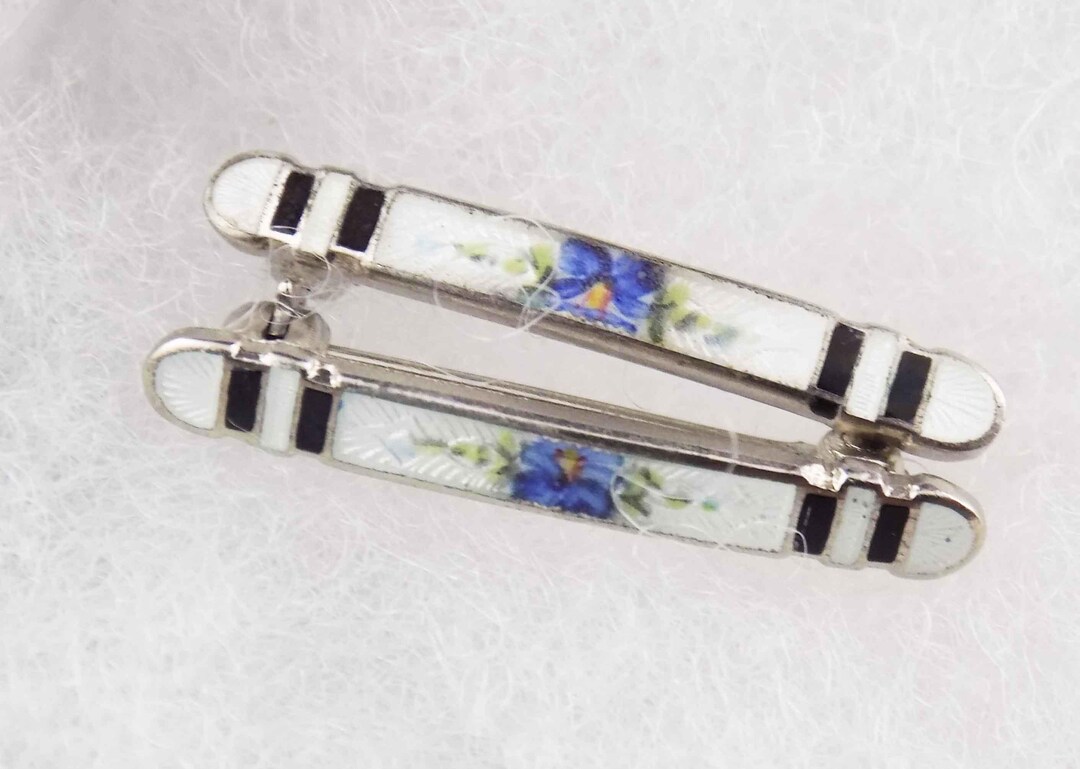 Matched Pair 1" Sterling Silver Floral Guilloche Bar Pins Signed F. A ...