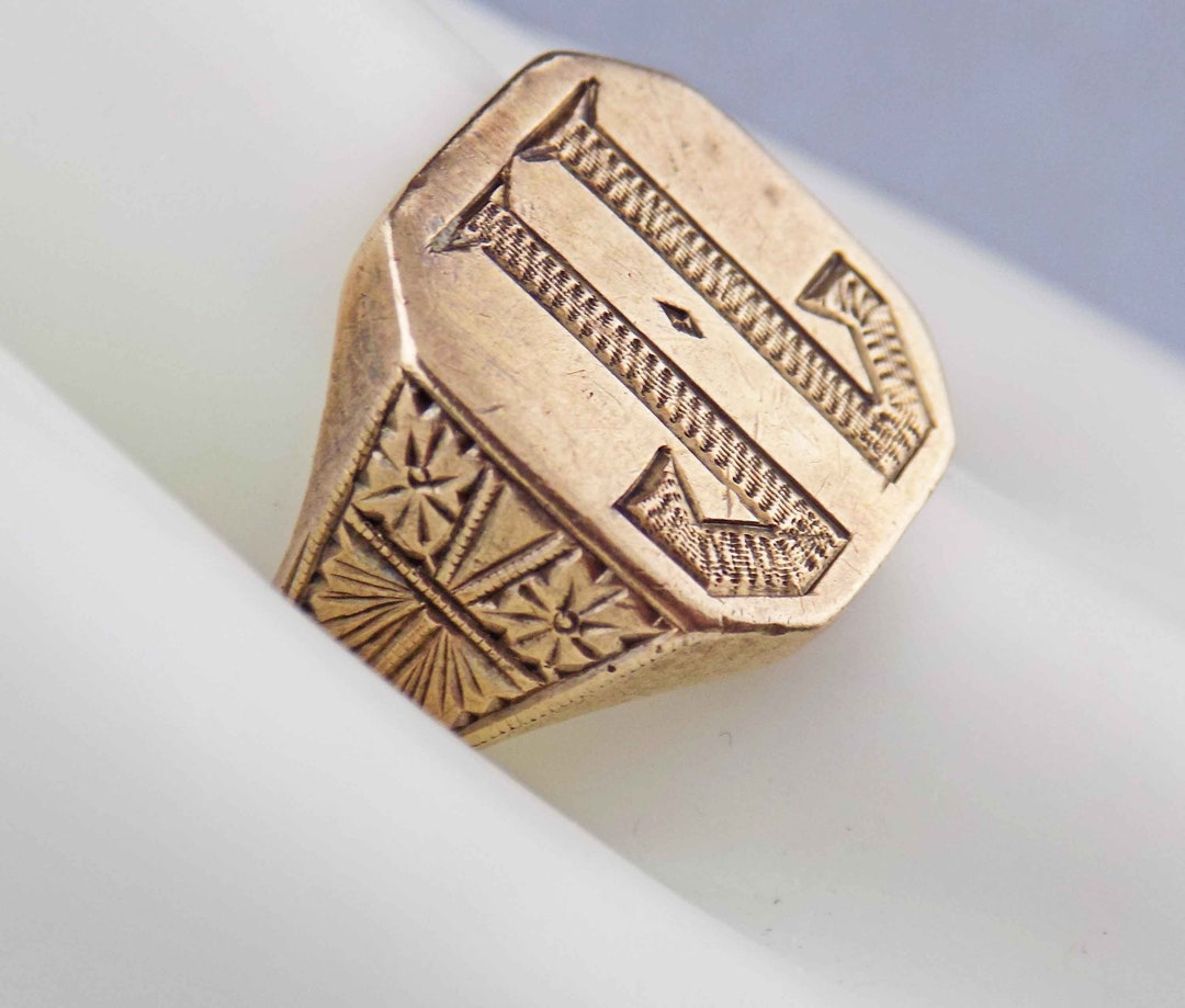 Antique 9K Yellow Gold Signet Ring Size 10, Mono Initials JJ Engraved ...