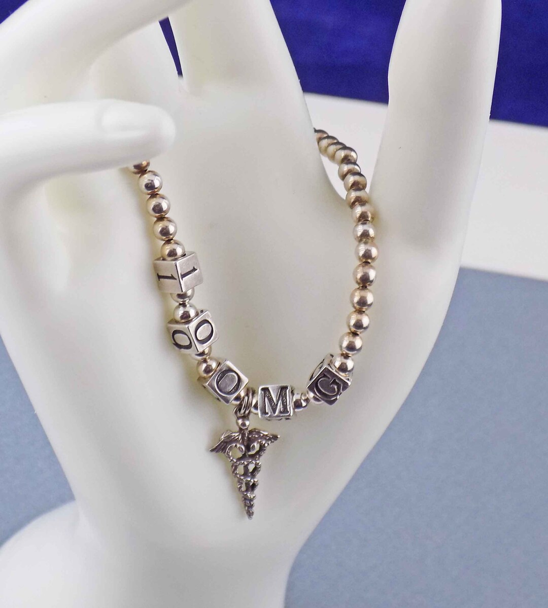 Sterling Silver Medical Charm Bracelet Caduceus & HBC Square Beads ...