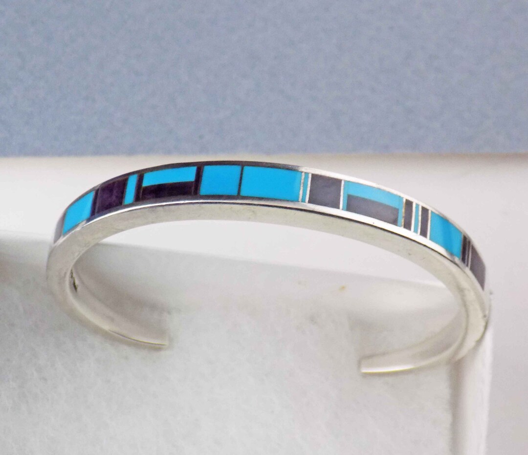 Turquoise Charoite Inlay Sterling Cuff Bracelet by Ray Tracey and ...