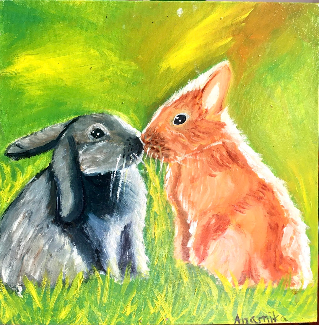 Pittura ad olio originale, arte della coppia bunny, simpatico dipinto ...