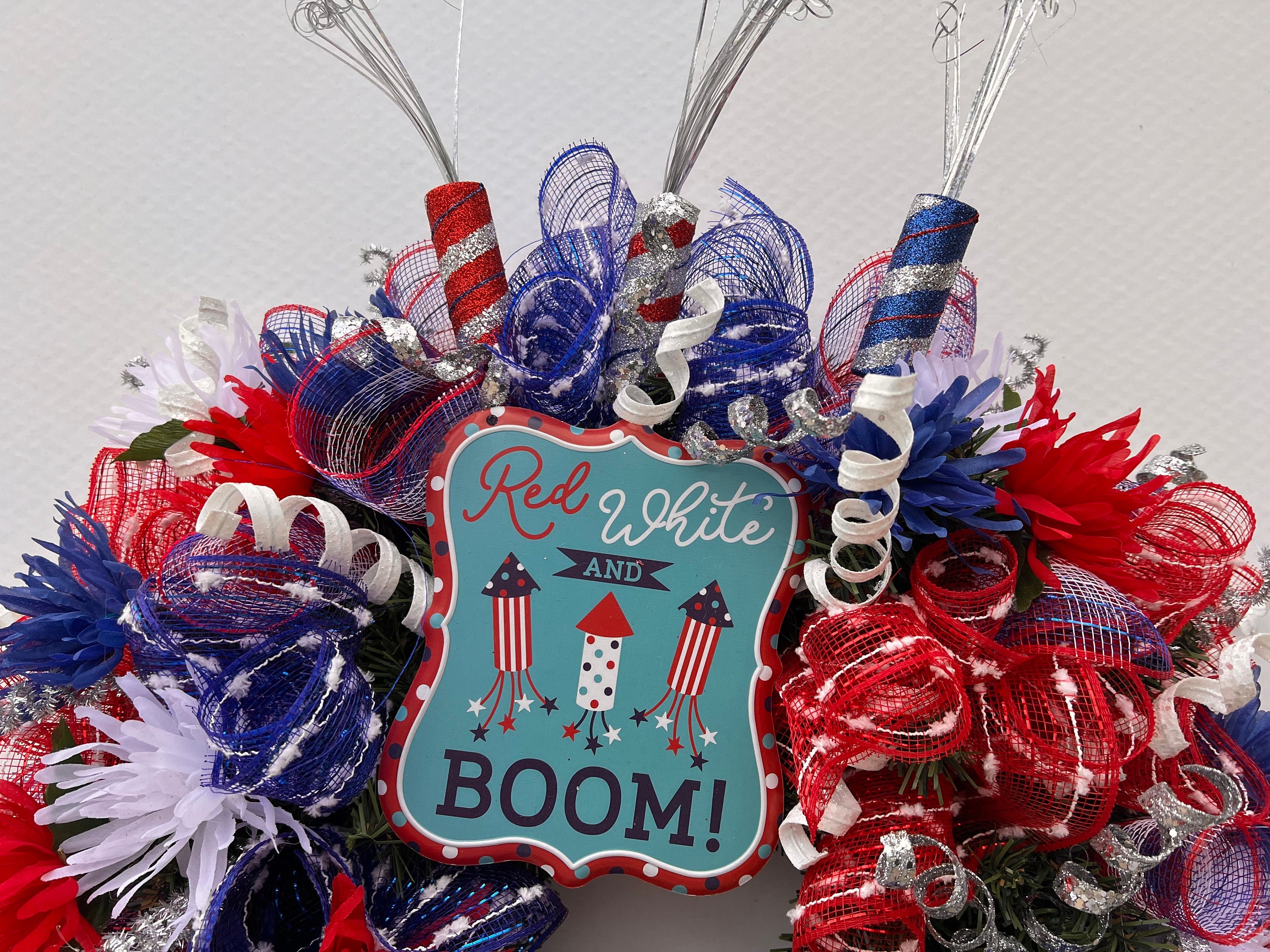 Fireworks Red White & Blue Wreath, Red White and Boom Wreath, 4th of ...