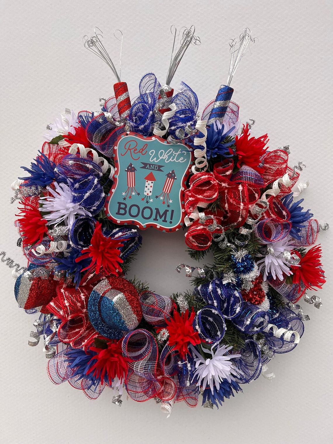 Fireworks Red White & Blue Wreath, Red White and Boom Wreath, 4th of ...
