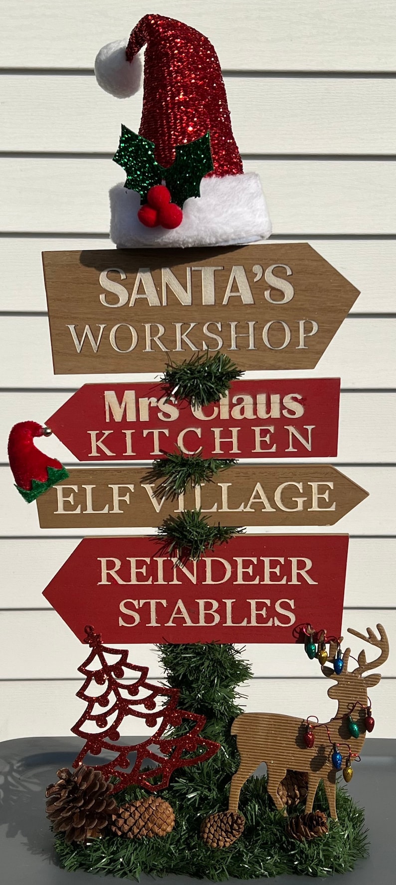 Santa Hat Christmas Sign, North Pole Workshop Direction Centerpiece ...