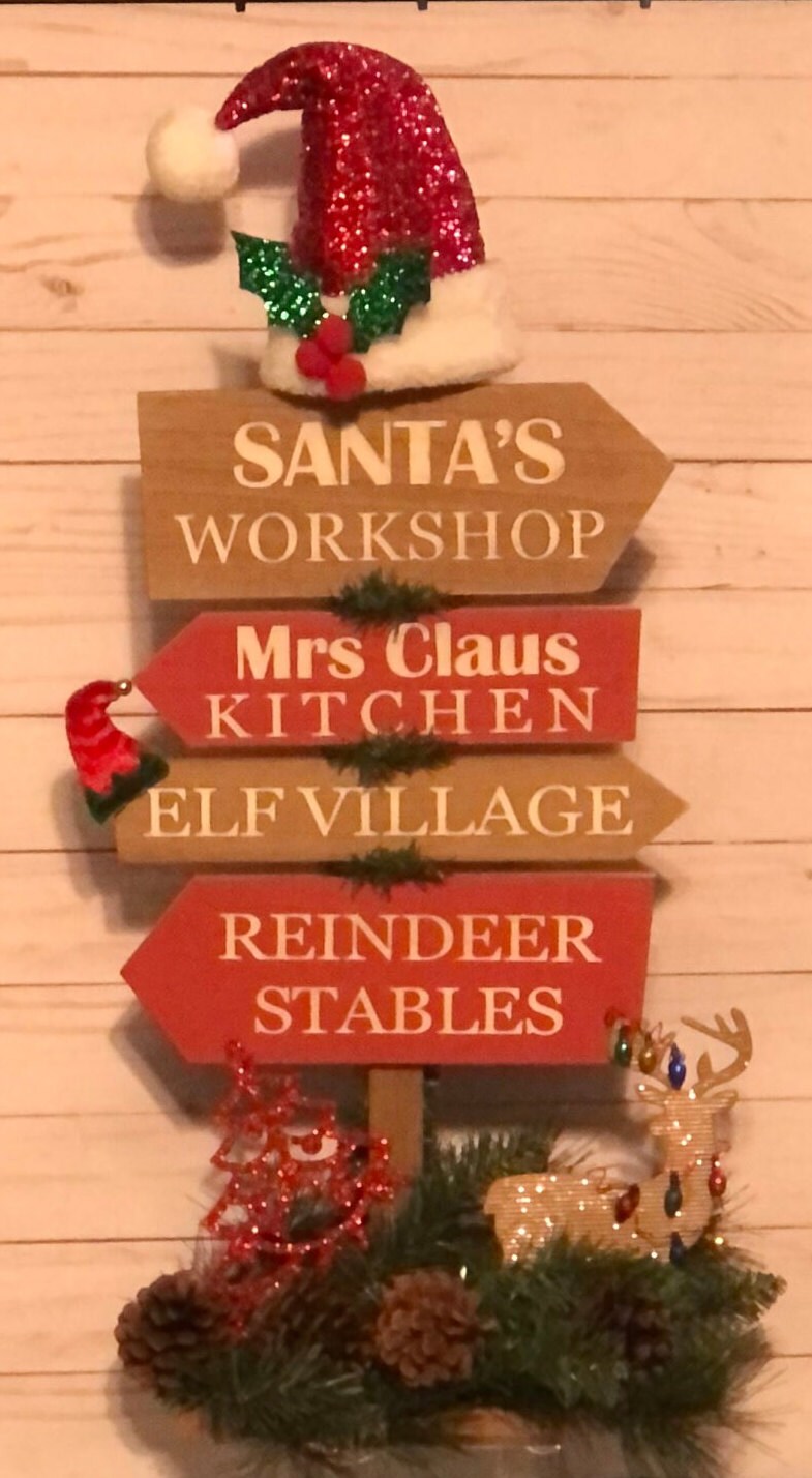 Santa Hat Christmas Sign, North Pole Workshop Direction Centerpiece ...