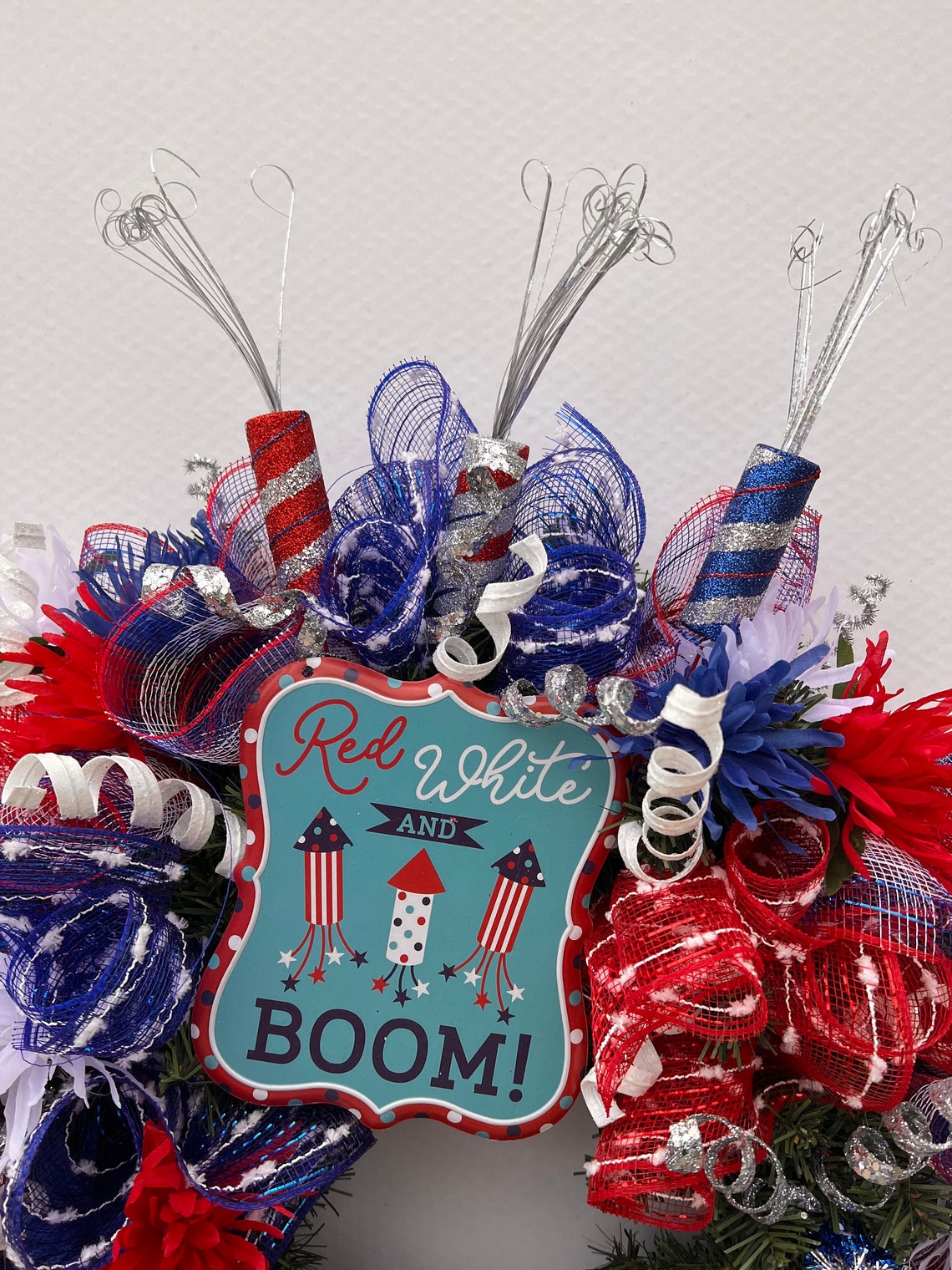Fireworks Red White & Blue Wreath, Red White and Boom Wreath, 4th of ...