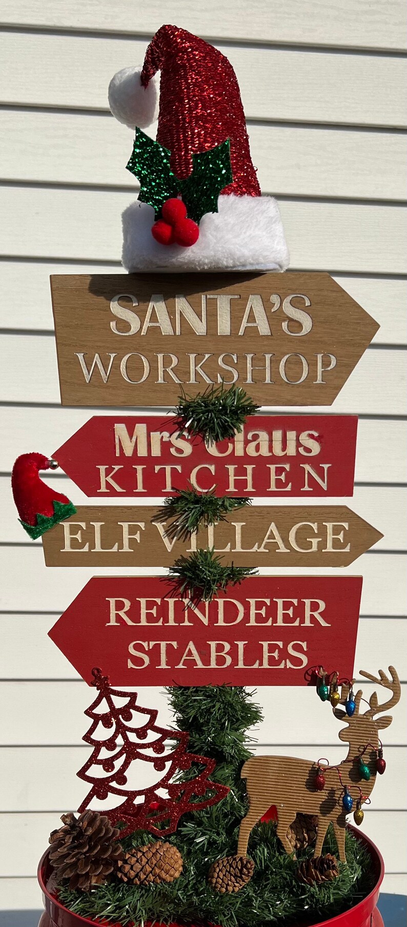 Santa Hat Christmas Sign, North Pole Workshop Direction Centerpiece ...