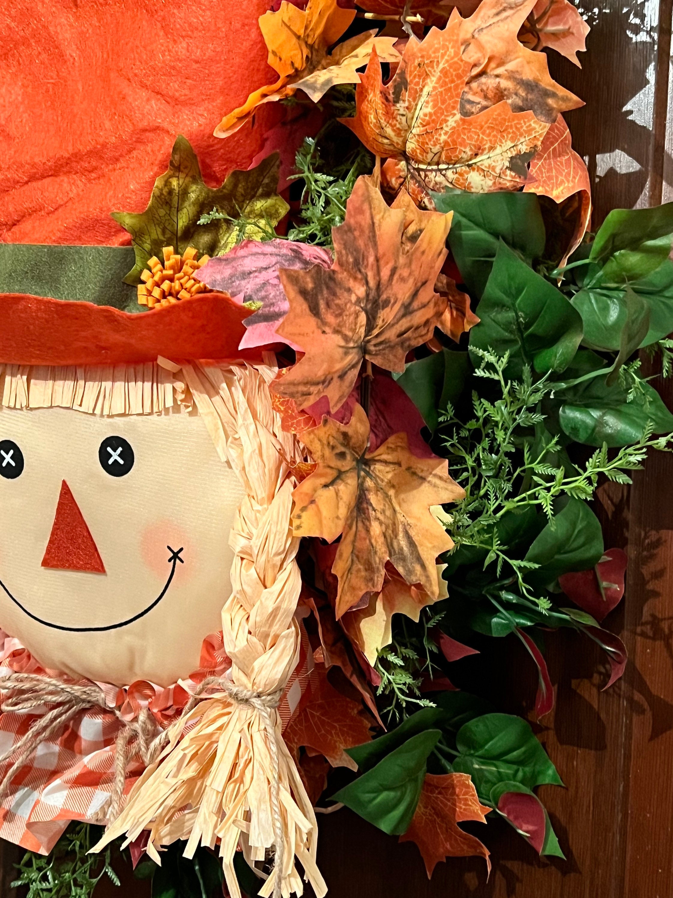 Scarecrow Fall Leaves Rake Wreath, Scarecrow Front Door Wreath, Pumpkin ...