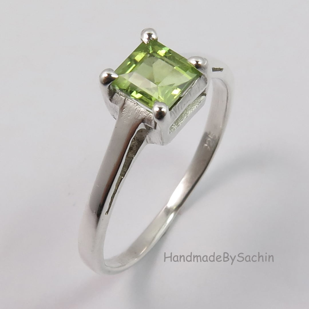 Natural Raw Square Cut Peridot Ring, Peridot Ring in Sterling Silver ...