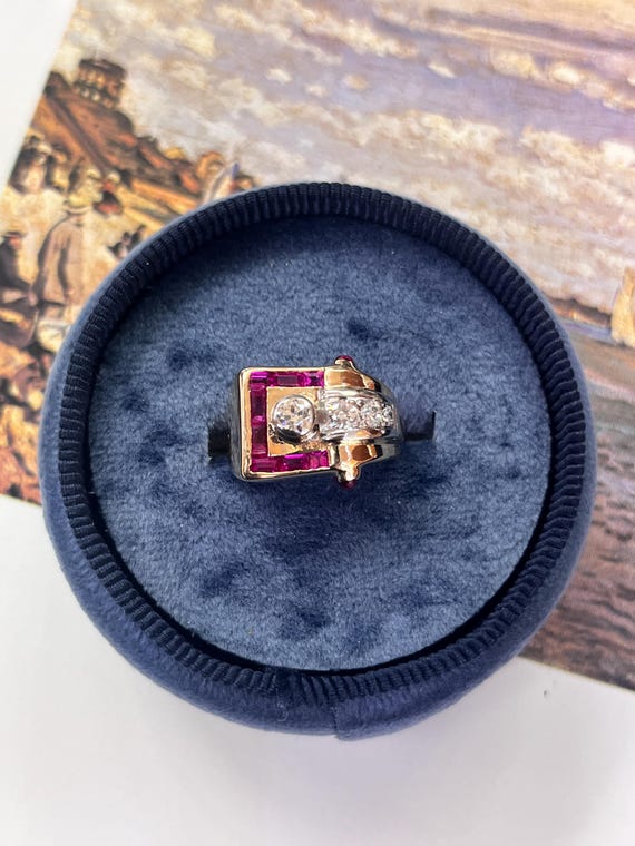 Vintage Retro 1940’s Diamond & Ruby Buckle Ring - Gem