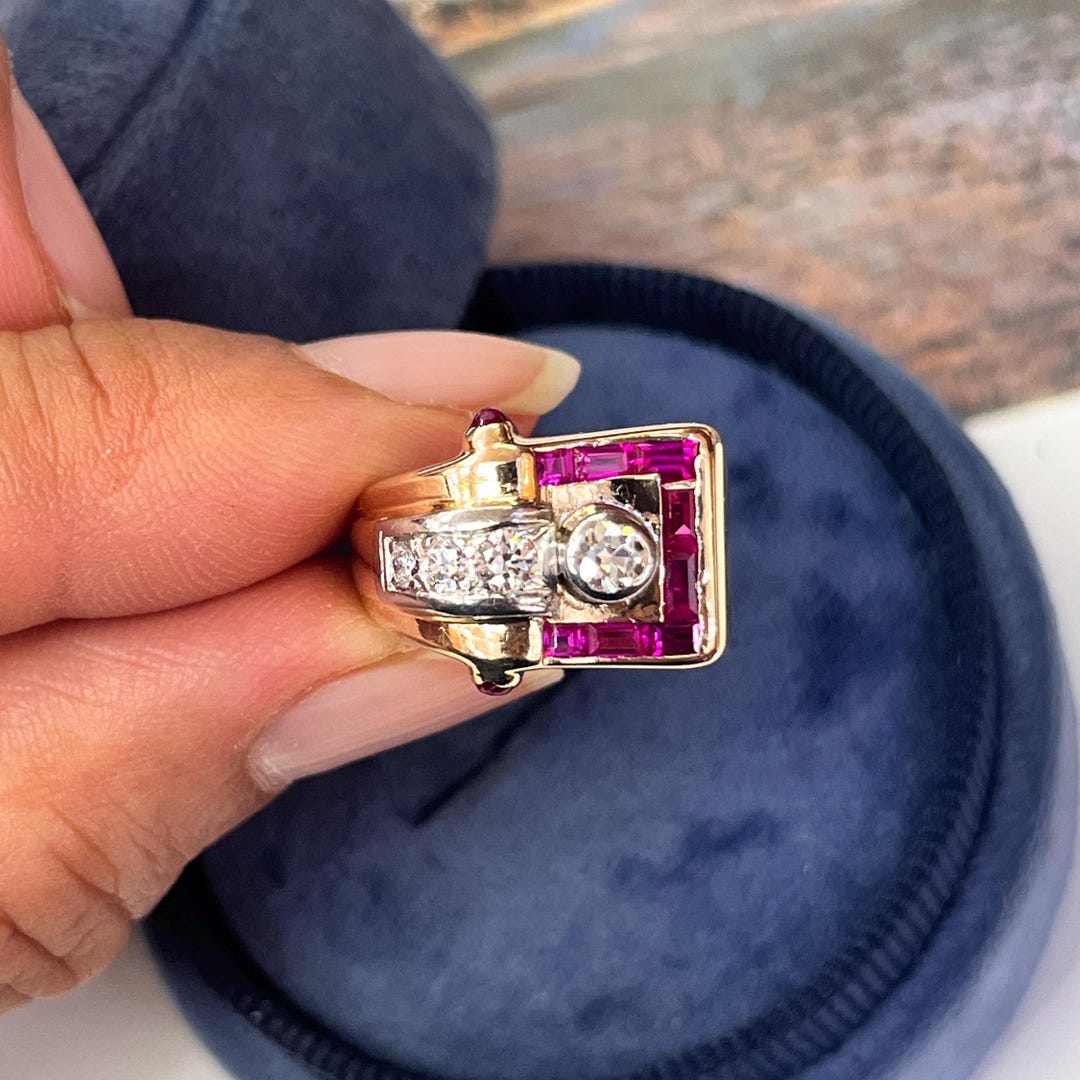 Vintage Retro 1940’s Diamond & Ruby Buckle Ring - Etsy