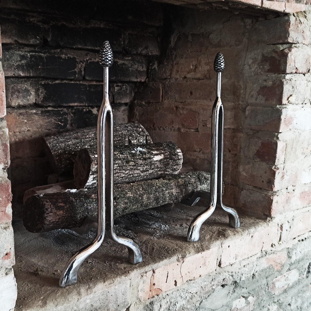 Fire Dogs "pine" Forged Stainless Steel, Fireplace Accessories, Fire ...