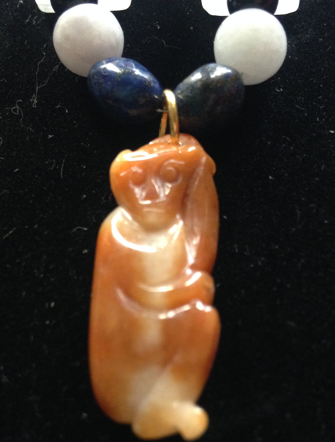 Tawny Jadeite Jade Monkey With Ice Quartz Cubes and Baroque Lapis Beads ...