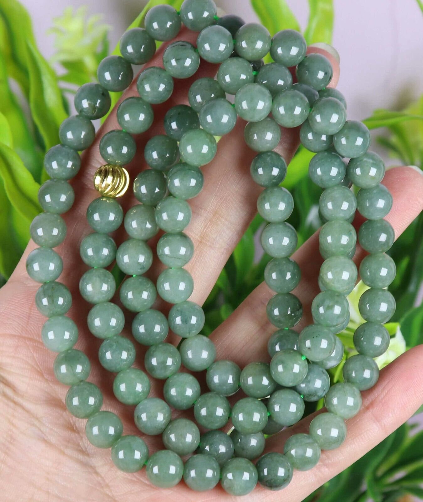 7.8mm Sage Blue Green Jadeite Jade Necklace #394 108 Bead Mala 32 ...